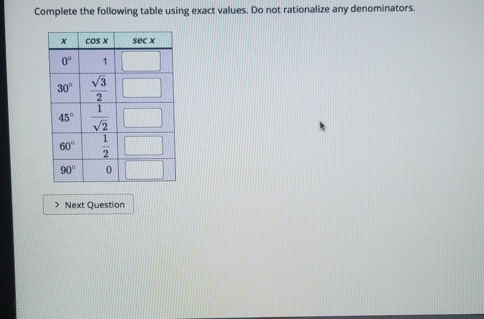 Solved Complete the following table using exact values. Do | Chegg.com