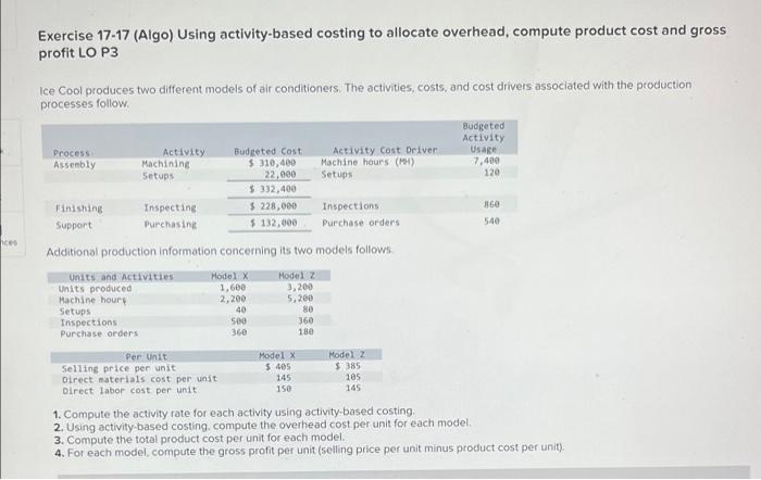 Solved ces Exercise 17-17 (Algo) Using activity-based | Chegg.com