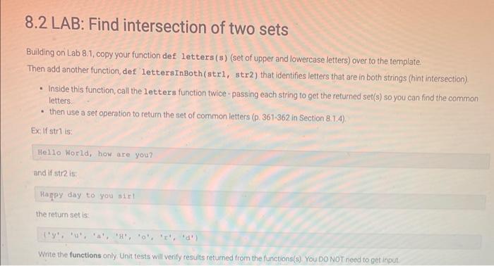Solved 8.2 LAB: Find intersection of two sets Building on | Chegg.com