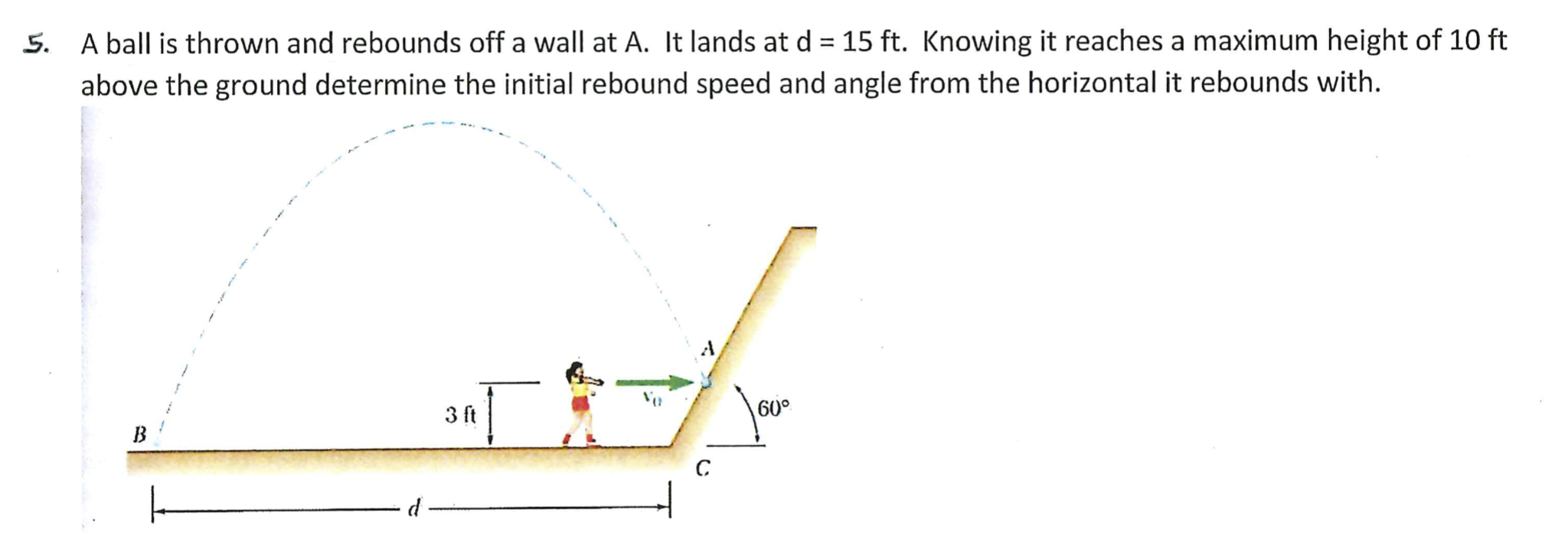 Solved 5. ﻿A ball is thrown and rebounds off a wall at A. | Chegg.com