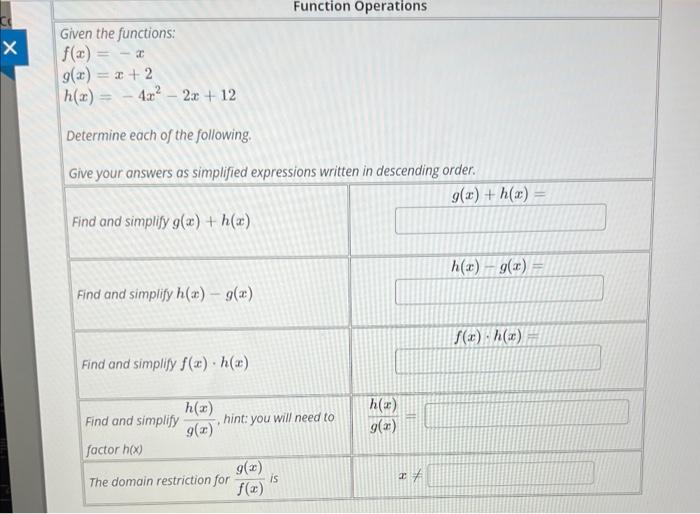 Solved Given the functions: f(x)=−xg(x)=x+2h(x)=−4x2−2x+12 | Chegg.com