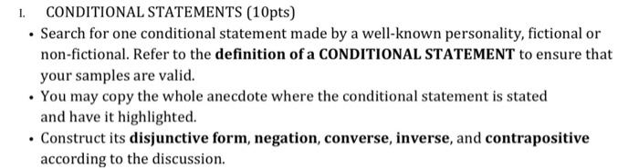 Solved 1. CONDITIONAL STATEMENTS (10pts) • Search for one | Chegg.com