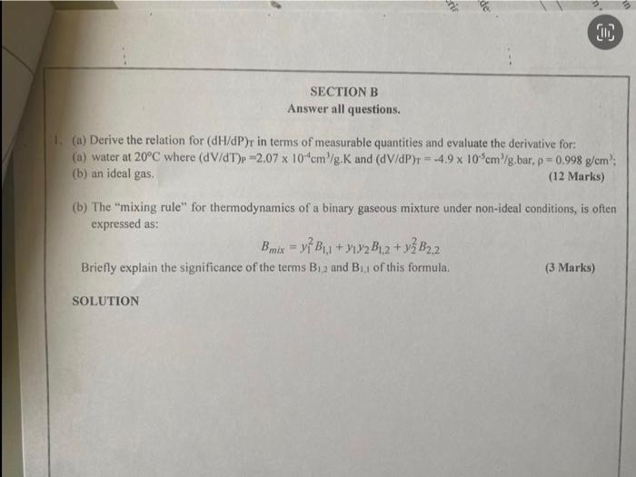 Solved 1. (a) Derive the relation for \\( (\\mathrm{dH} / | Chegg.com