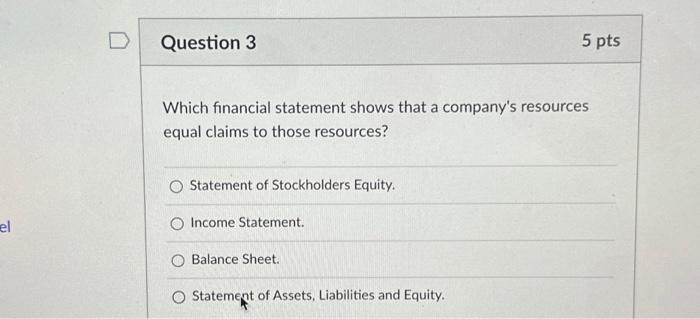 Solved el Question 3 Which financial statement shows that a | Chegg.com