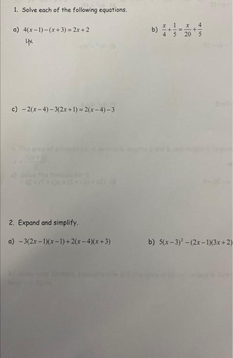 Solved a) 4(x−1)−(x+3)=2x+2 b) 4x+51=20x+54 c) | Chegg.com