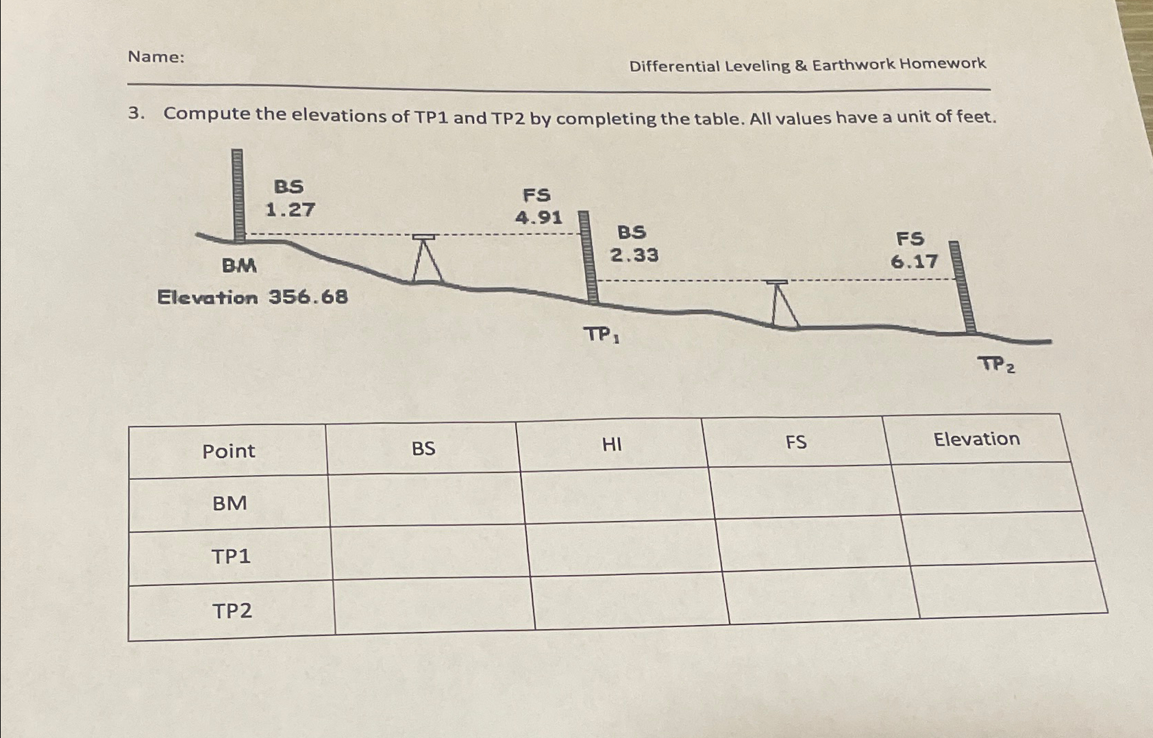 Name:Differential Leveling & Earthwork Homework3. | Chegg.com