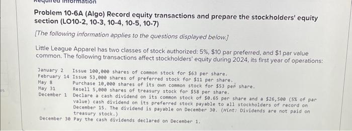 Solved Problem 10-6A (Algo) Record equity transactions and | Chegg.com
