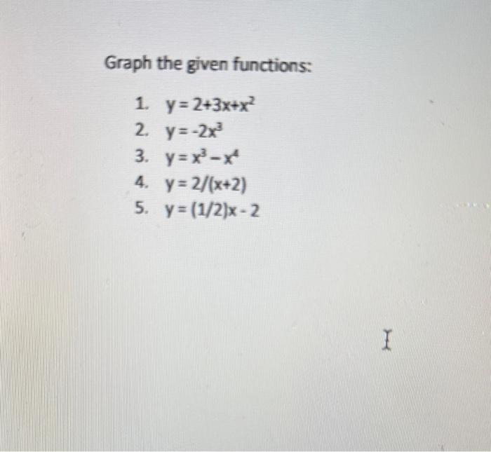 Solved Graph the given functions: 1. y=2+3x+x2 2. y=−2x3 3. | Chegg.com