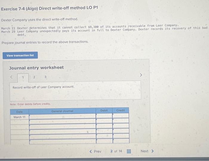 Solved Exercise 7-4 (Algo) Direct write-off method LO P1 | Chegg.com