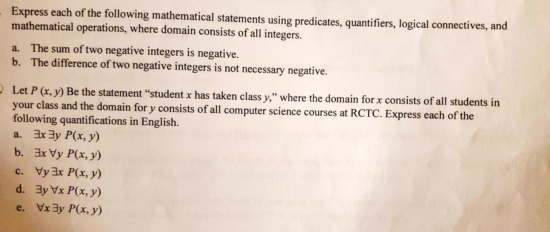 Solved 1.5 Nested Quantifiers Let E (x, y) be the statement | Chegg.com