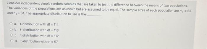 Solved Consider independent simple random samples that are | Chegg.com