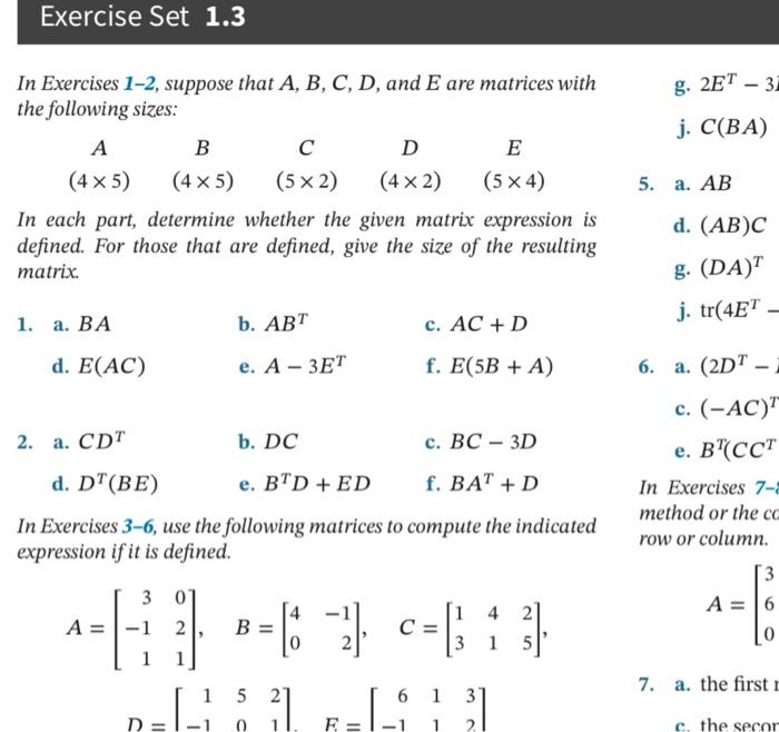 Solved Exercise Set 1.3 g. 2ET - 3 j. C(BA) In Exercises | Chegg.com