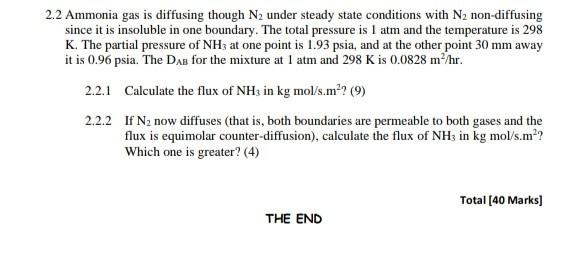 Solved 2.2 Ammonia gas is diffusing though Nz under steady | Chegg.com