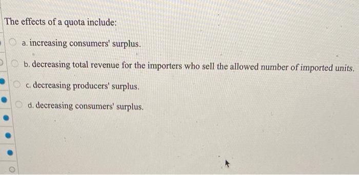 Solved The effects of a quota include: a. increasing | Chegg.com