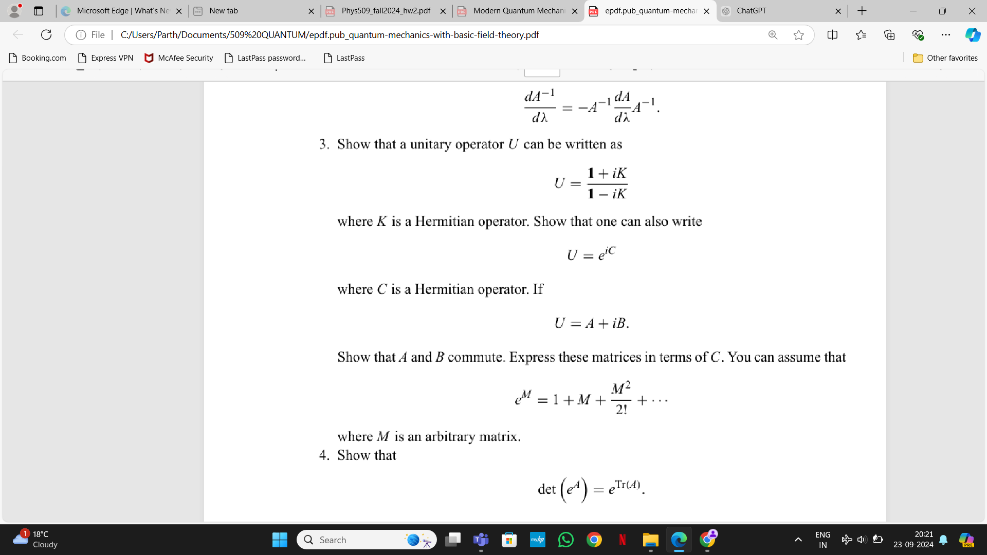 Solved Show that a unitary operator U ﻿can be written | Chegg.com