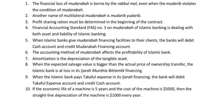 1. The financial loss of mudarabah is borne by the | Chegg.com