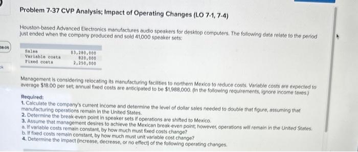 Solved Problem 7-37 CVP Analysis; Impact of Operating | Chegg.com