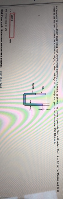 Solved of Meriam red oil is A manometer is formed from glass | Chegg.com
