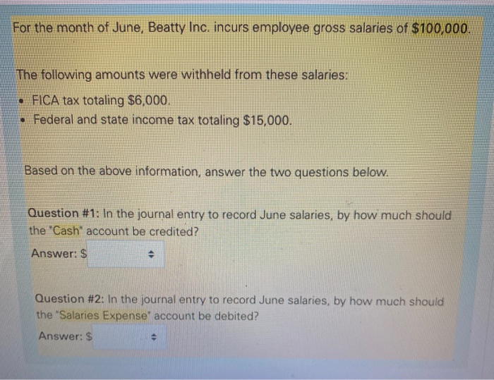 Solved For the month of June, Beatty Inc. incurs employee | Chegg.com