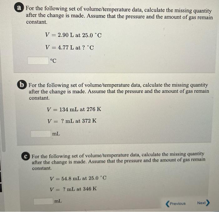 Solved a For the following set of volume/temperature data, | Chegg.com