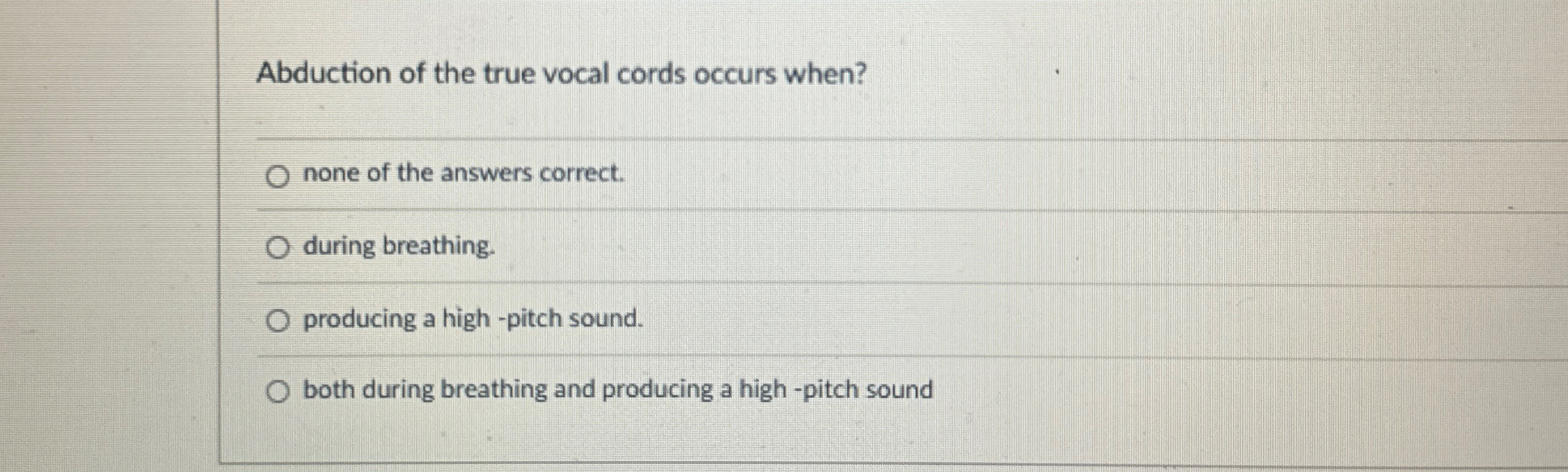 Solved Abduction of the true vocal cords occurs when?none of | Chegg.com