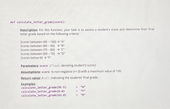 Solved ef calculate_letter_grade(score): Description: For | Chegg.com