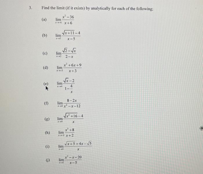 Solved 3. Find the limit (if it exists) by analytically for | Chegg.com