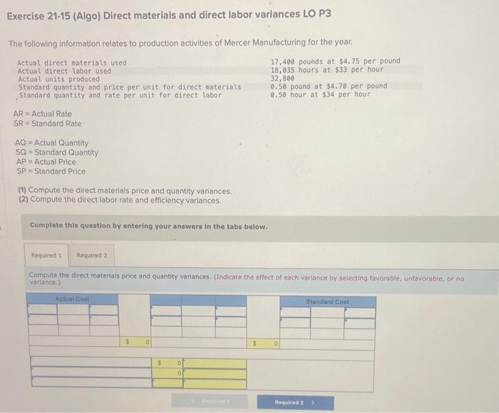 Solved Exercise 21-15 (Algo) Direct materials and direct | Chegg.com