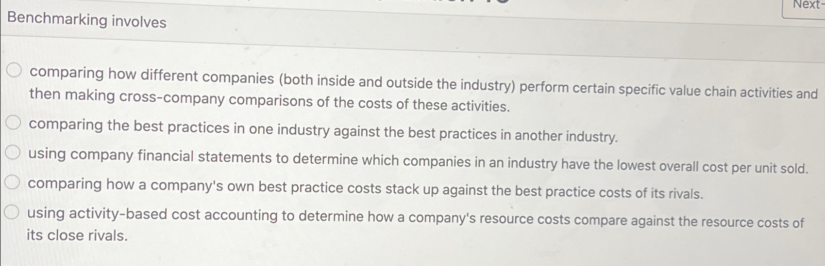 Solved Benchmarking involvescomparing how different | Chegg.com