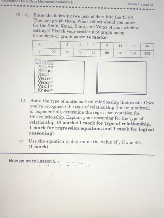 Solved Foundations for College Mathematics MAP4C-B Lesson 4, | Chegg.com