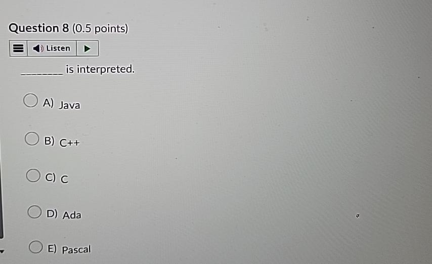 Solved Question 8 ( 0.5 ﻿points)Listenis interpreted.A) | Chegg.com