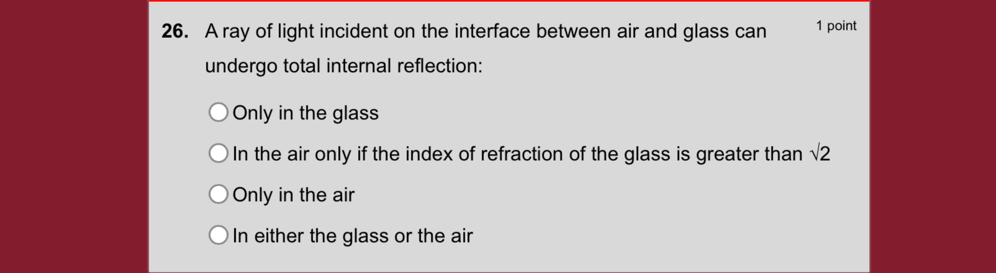 Solved A ray of light incident on the interface between air | Chegg.com
