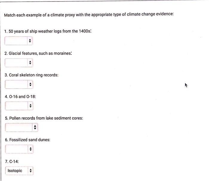 Solved Match each example of a climate proxy with the | Chegg.com