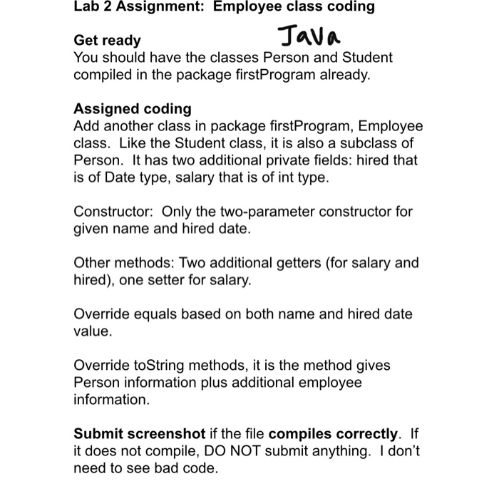Solved Lab 2 Assignment: Employee class coding Get ready | Chegg.com