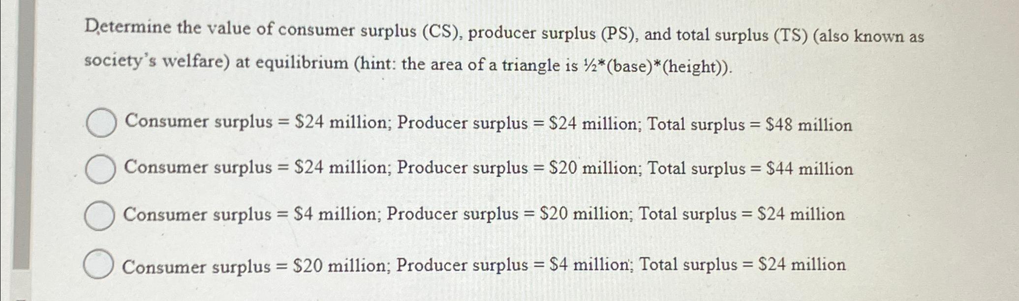 Solved Determine the value of consumer surplus (CS), | Chegg.com