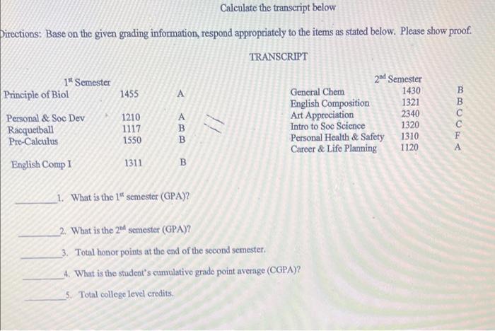 Solved Calculate the transcript below Directions: Base on | Chegg.com