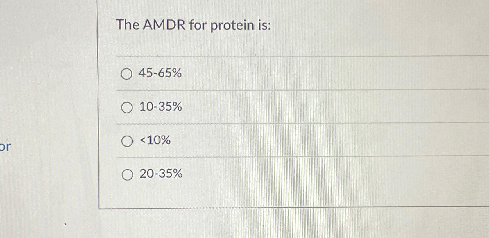 Solved The AMDR for protein is:45-65%10-35%