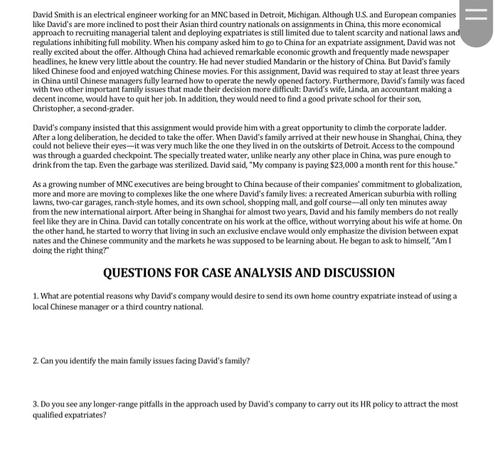 Solved David Smith is an electrical engineer working for an | Chegg.com