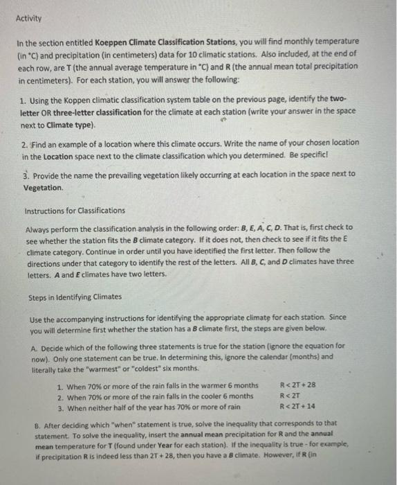 Solved Koeppen Climate Classification Stations Climate type: | Chegg.com