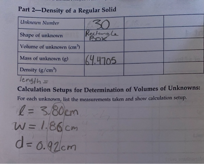 Solved Part 2—Density of a Regular Solid Unknown Number 30 | Chegg.com