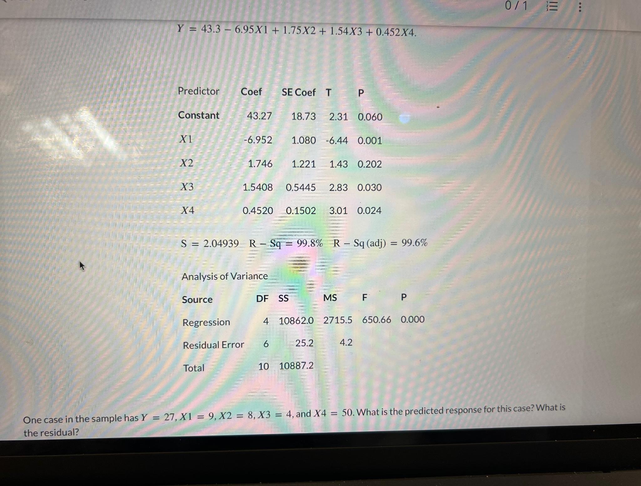 Solved Y=43.3-6.95x1+1.75x2+1.54x3+0.452x4\table[[Predictor, | Chegg.com