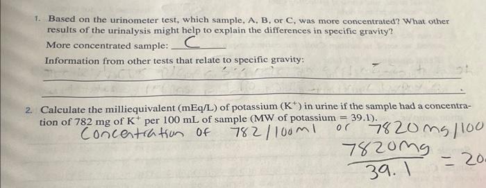 Solved 1. Based on the urinometer test, which sample, A, B, | Chegg.com