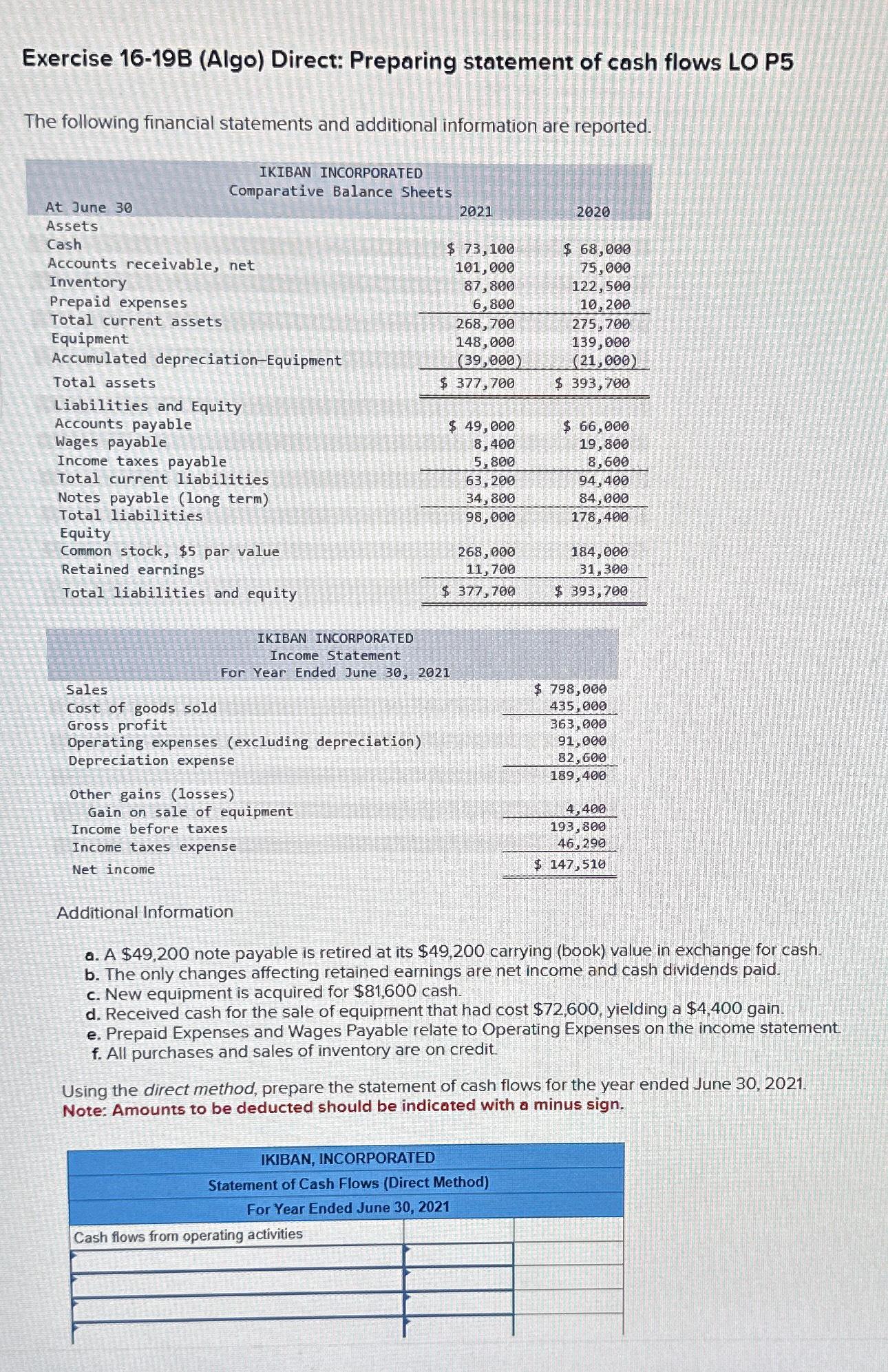 Solved Exercise 16-19B (Algo) ﻿Direct: Preparing statement | Chegg.com