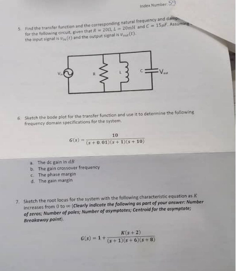 Solved Index Number: 595. ﻿Find the transfer function and | Chegg.com