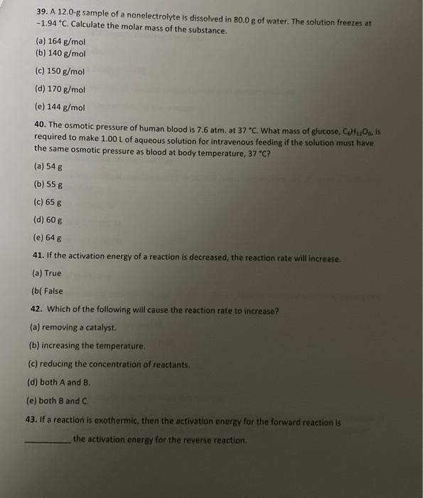Solved 39. A 12.0-g sample of a nonelectrolyte is dissolved | Chegg.com