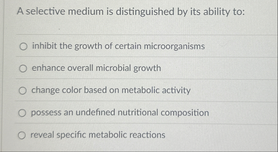 Solved A selective medium is distinguished by its ability | Chegg.com