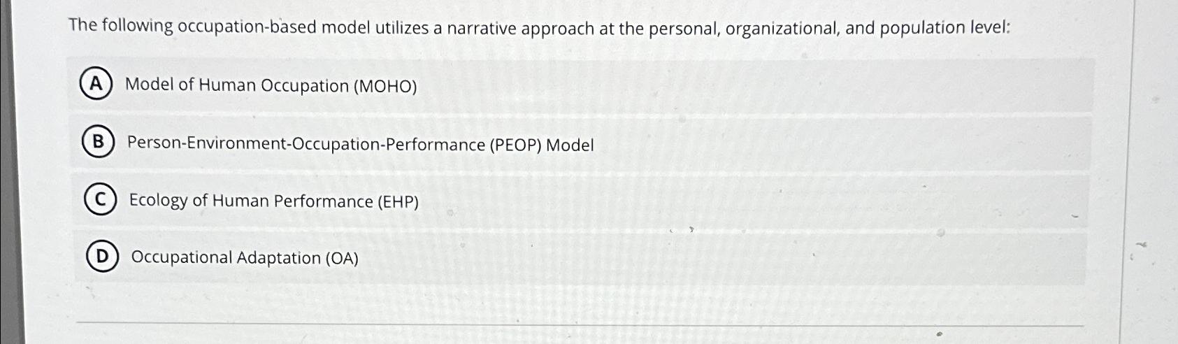 Solved The following occupation-based model utilizes a | Chegg.com