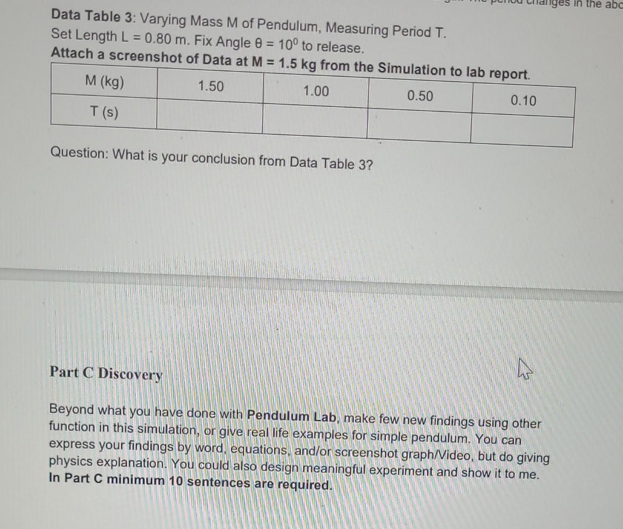 Solved Data Table 3: Varying Mass M of Pendulum, Measuring | Chegg.com