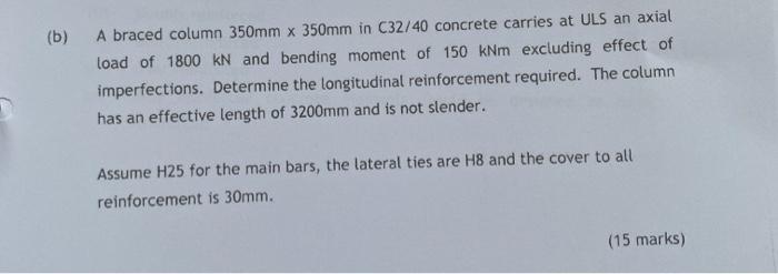 Solved (b) A braced column 350mm x 350mm in C32/40 concrete | Chegg.com