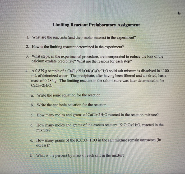 Solved Limiting Reactant Prelaboratory Assignment 1 What